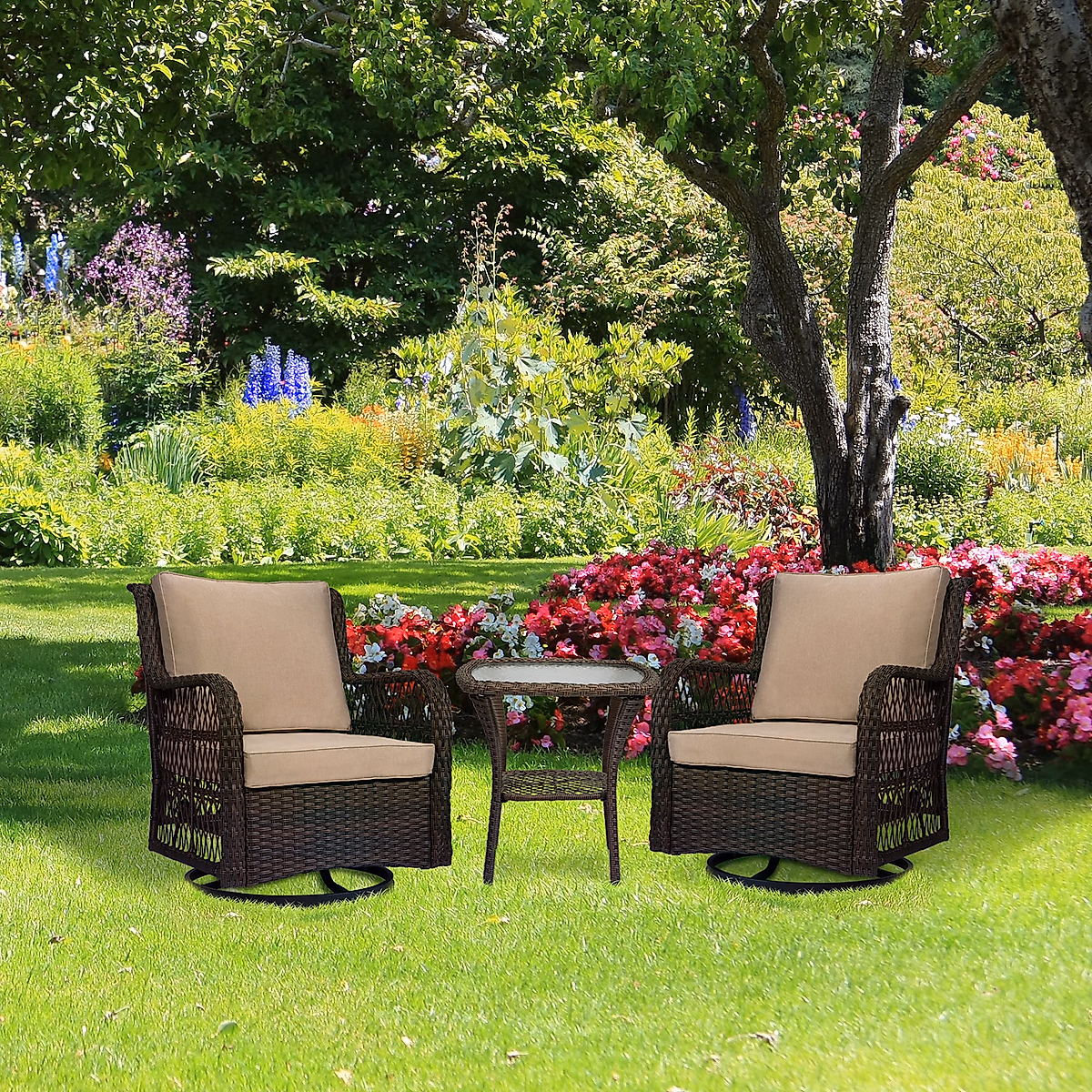 3 Pieces Outdoor Wicker Swivel Rocker Patio Set, IDEALHOUSE 360 Degree Swivel Rocking Chairs Elegant Wicker Patio Bistro Set with Premium Cushions and Armored Glass Top Side Table for Backyard (Beige)