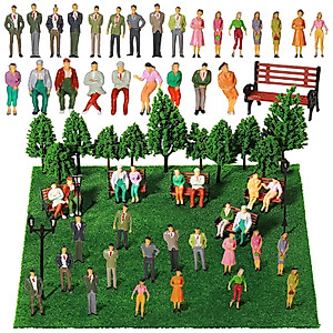 55 Pcs 1:30 Scale Model Trains Architectural Scale Painted Figures Set, Include 30 Miniature People 5 Street Lamps 11 Mixed Model Trees 5 Model Park Street Seat 4 Fake Grass for Miniature Scene
