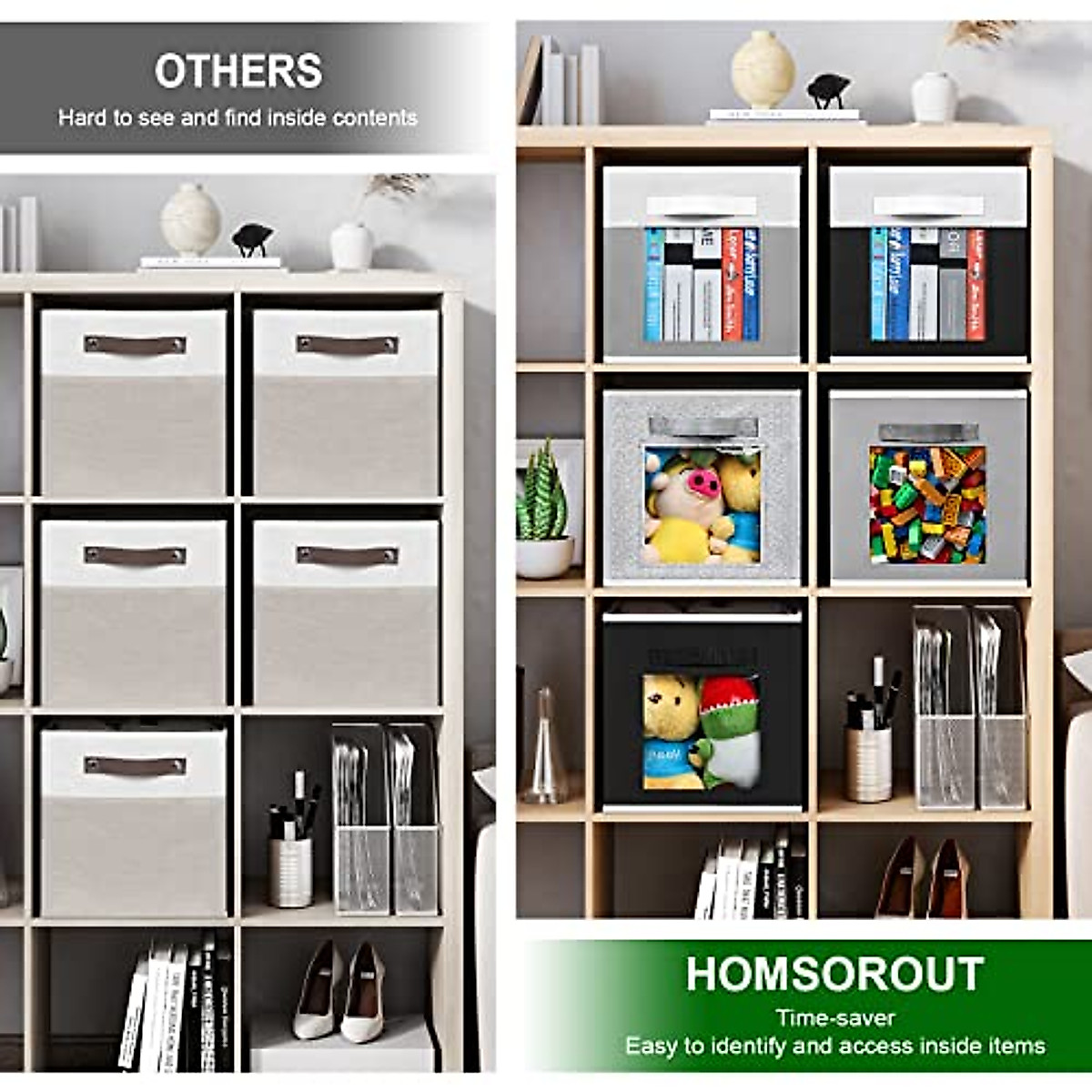 homsorout Cube Storage Bins, Fabric Baskets for Organizing, Closet Storage Cubes with Window, Cube Storage Organizer Bins with Front Handle for Clothes, Books, Sundries, 3 Packs, Grey