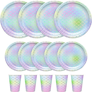 Tiblue Mermaid Party Supplies - 350PCS Disposable Dinnerware with Mermaid Paper Plates Napkin Cups Gold Plastic Fork Knives Spoon for Girls Birthday Baby Shower Ocean Theme Summer Graduation Party