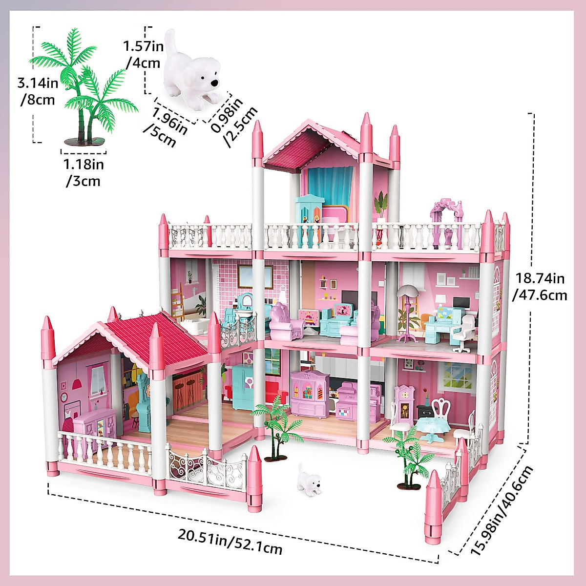 deAO Doll House Dollhouse - 3 Story 9 Rooms Pink DIY Pretend Play Building Playset, Dollhouse Asseccories and Furniture,Gift for 6 7 8 9 Girls Toddler