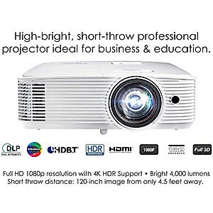 Optoma EH412ST Short Throw 1080P HDR Professional Projector | Super Bright 4000 Lumens | Business Presentations, Classrooms, or Meeting Rooms | 15,000 hour lamp life | Speaker Built In (Renewed)