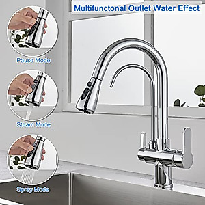 TSIBOMU 3 in 1 Kitchen Faucet with Drinking Water Faucet, 2 Handle Pull Down Kitchen Sink Faucet Water Filter Purifier Faucets (Chrome)