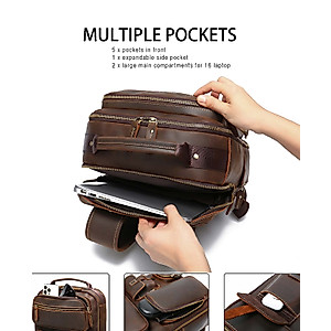 Taertii Full Grain Leather Backpack for Men, Fits 15.6" Laptop Multi Pockets Travel Bag Daypack Rucksack - Brown