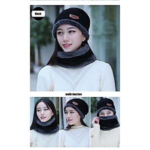 Winter Hat Scarf Gloves Slouchy Beanie Snow Knit Skull Cap Touch Screen Mittens Circle Scarves for Women Black