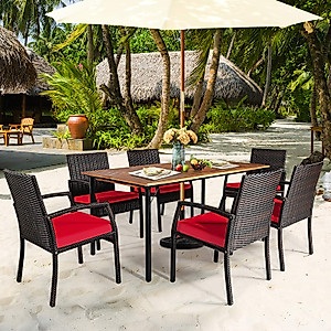 HAPPYGRILL 7 Pieces Patio Dining Set Outdoor Furniture Rattan Wicker Dining Set with Umbrella Hole, Powder Coated Steel Frame, Acacia Wood Dining Table and Armchairs with Removable Cushions