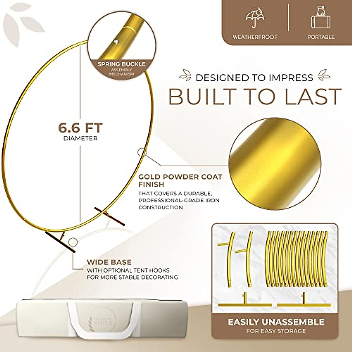 Round Backdrop Stand - 6.6 FT Gold Balloon Arch Stand Round Balloon Arch Frame Set - Durable Circle Metal Frame for Backdrop Storage Bag Rounded Arch Design for Indoor and Outdoor Party Decorations