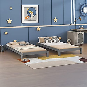 Merax 3 in 1 Classic Stackable Wood Platform Bed Low Day Bed Frame for Kids Boys Girls, No Box Spring Needed Twin Gray