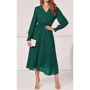 PRETTYGARDEN Women's Midi Long Puff Sleeve Spring Dresses 2024 Smocked Waist Wrap V Neck Flowy Ruffle Pleated Casual Dresses (Dark Green,Medium)