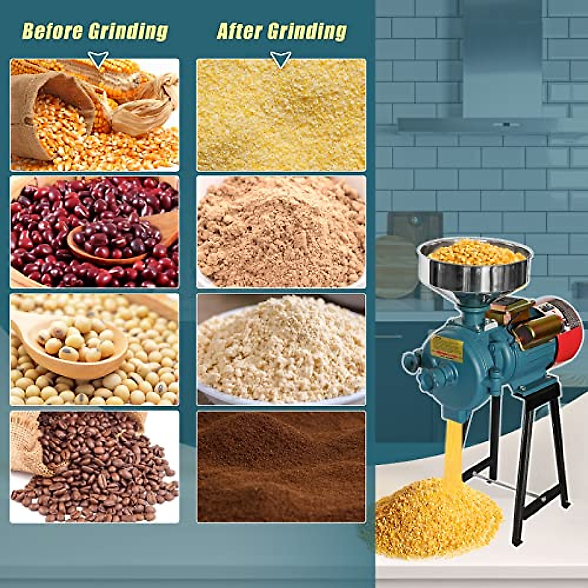 Electric Grain Grinder Mill, 3000W 110V Corn Grinder Mill Electric, Dry Cereals Rice Coffee Wheat Corn Mills with Funnel, Grain grinder mill powder machine