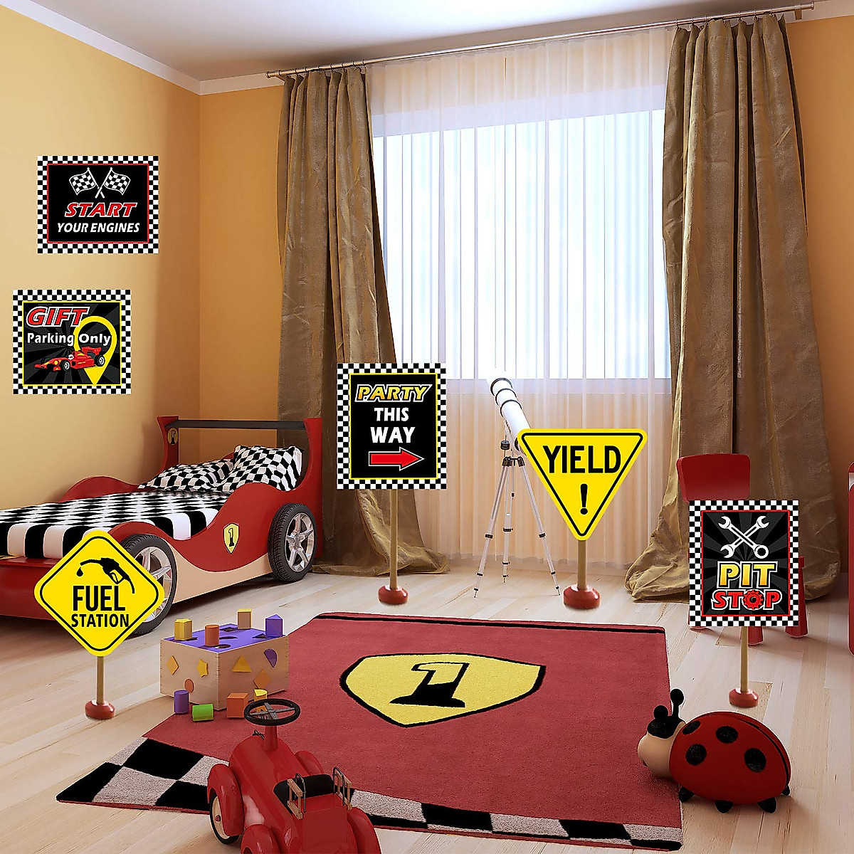 12 Pieces Racing Signs Race Car Party Decorations, 9.8-11.8 Inch Laminated Car Racing Decoration, Traffic Signs Cutouts, Road Racing Themed Party Signs, Racing Cutouts with 40 Glue Point Dots