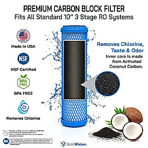 SafeWater RO Essentials Kit: (2) Premium Carbon Block Filters & (1) Premium Sediment Filter- Made in U.S.A & NSF Certified to Reduce Fines, Sediment, Chlorine, Taste, Odor, and Harsh Chemicals.
