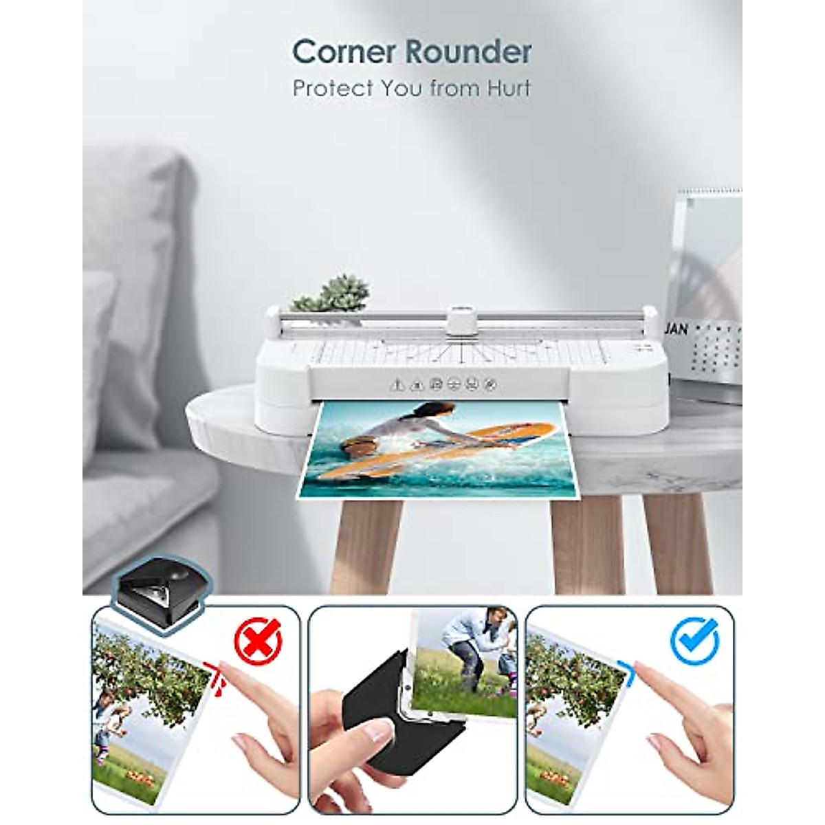 Laminator 7 in 1 Thermal Laminator 9-Inch Laminator Machine Laminating Machine with Laminating Pouches 20 Personal Laminator Desktop Lamination Corner Rounder for Office School Business (White)