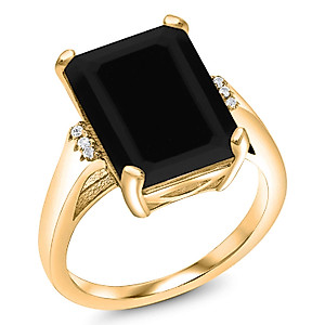 Gem Stone King 18K Yellow Gold Plated Silver Black Onyx Women Ring (6.67 Cttw, Emerald Cut 14X10MM, Gemstone Birthstone, Available In Size 5, 6, 7, 8, 9)