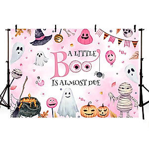 MEHOFOND 7x5ft Halloween Baby Shower Backdrop for Girls A Little Boo Is Almost Due Pumpkin Pink Watercolor Photography Background Halloween Baby Shower Party Banner Supplies Photo Booth Studio