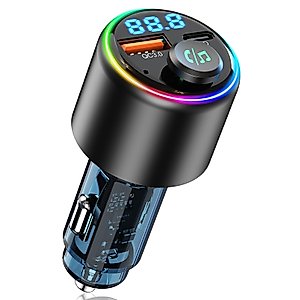 BCADON Bluetooth 5.3 FM Transmitter for car, Type-C PD 30W & QC3.0 18W USB Car Charger, Cigarette Lighter Bluetooth Car Adapter for Music, Hands-Free Call, Hi-Fi MP3 Player, 7 Colors LED Backlit