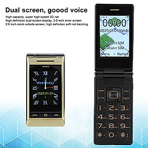 214 Flip Cell Phones,3G 128MB+64MB Dual Screen Unlocked Seniors Mobile Phone,2.6 in Large Screen Big Button Mobile Phone with 5900mah Large Battery,for Elderly,100-240V(Gold)