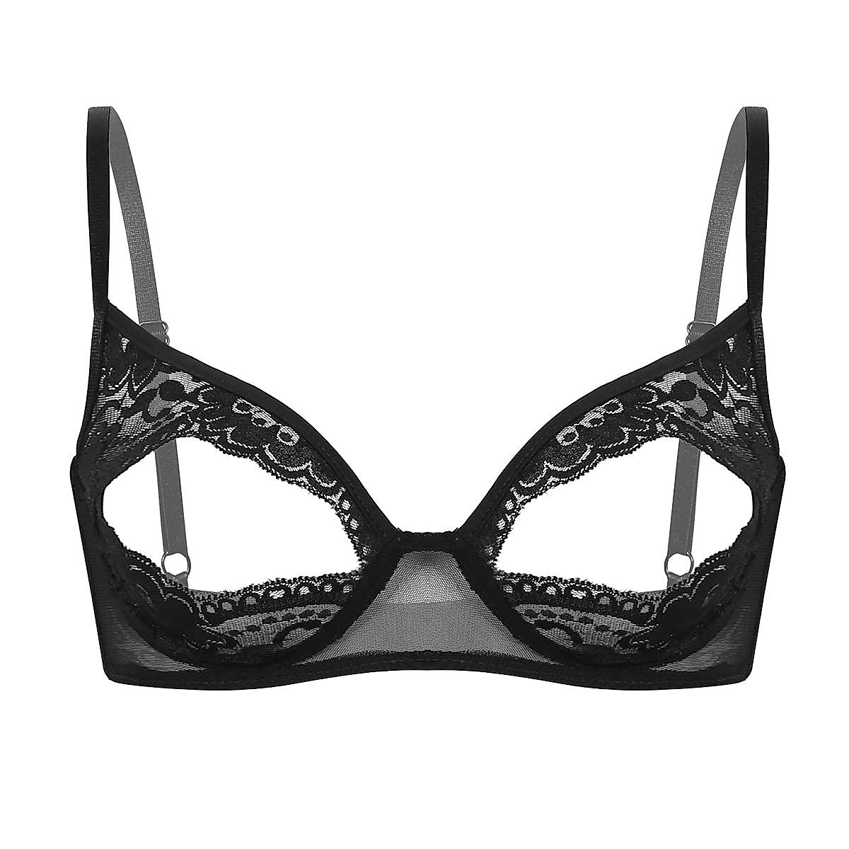 QinCiao Womens Sexy Lingerie Bras Lace Nipple Split Bralette Wire-Free Unlined Bra Top Black Medium