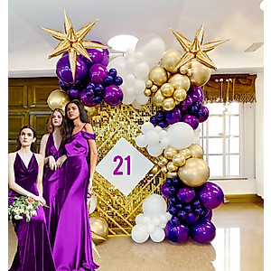 Royal Purple and Gold balloon Garland Arch Kit 140Pcs double stuffed chrome Royal Purple & Starburst balloons for Girl 15/16th Birthday decorations women retirement Graduation Prom supplies