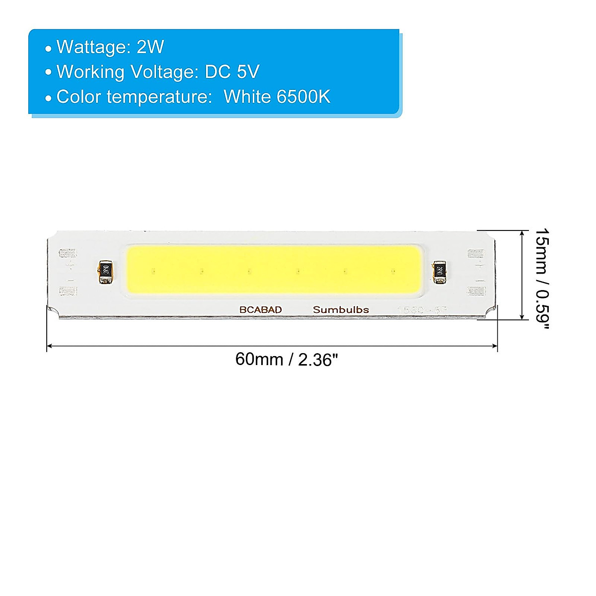 PATIKIL 2W DC 5V LED Chip Bulb,Aluminum COB Lamps Bulb White Light 6500K 200LM 400mA 60x15mm for Home Reading, Landscape Light - 4 Pack