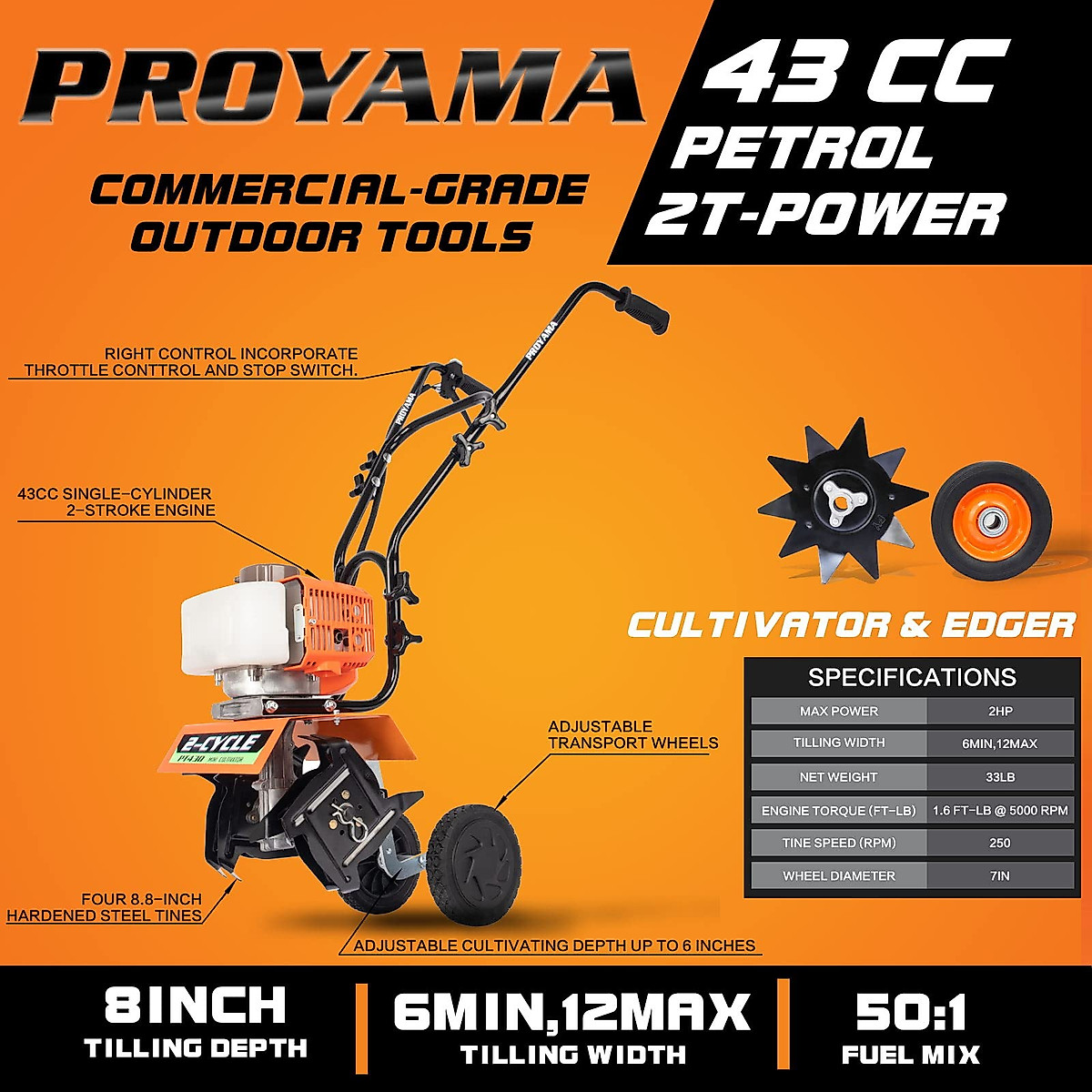 PROYAMA Gas Tiller Cultivator, 43cc 2-Cycle Garden Tiller, 2 in 1 Gas Powered Cultivators with Edger Kit, 4 Steel Tines, 6-12” Adjustable Width, 8” Max Depth