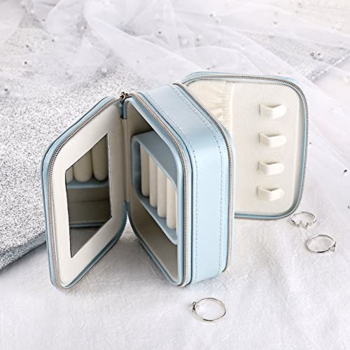 ASLIDECOR Travel Jewelry Case with Mirror,Double Zipper Bulk Travel Jewelry Box, 2 Layer Jewelry Travel Casex for Necklaces,Rings,Bracelets(BLUE)