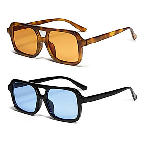 VANLINKER Retro 70s Square Aviator Sunglasses for Women Men Vintage Trendy Rectangle Sun Glasses VL9816 2 Pack Orange/Tortoise+Blue