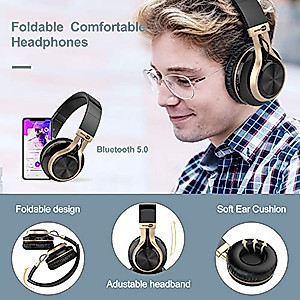 BASEMAN Wireless Bluetooth Headphones Over Ear, Long Battery Life Stereo Deep Bass Headset with Mic Wireless and Wired Headphones for iPhone Computer TF Card Slot Teens Boys Men Adults - Black Gold