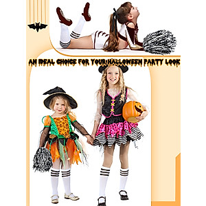 Eurzom 5 Pcs Zombie Cheerleader Costume for Girls 2 Pom Poms 2 Hair Ropes and Socks for Halloween Cheerleader Cosplay Party(Black and White, Child Thin Bow)