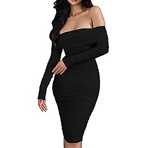 Uni Clau Women Sexy Off Shoulder Sheer Mesh Long Sleeve Midi Dress Bodycon See Through Shinny Party Night Clubwear Ruched Dress Black XL