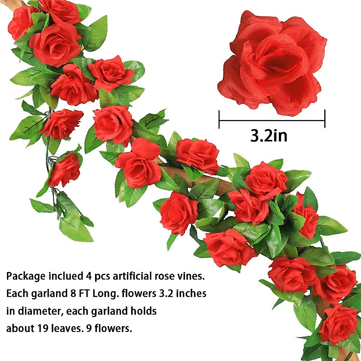 Vopie 4 Pack Fake Rose Vine Flowers Plants 32.2 FT Artificial Flower Hanging Rose Ivy Home Hotel Office Wedding Party Garden Craft Art Decor (Red)