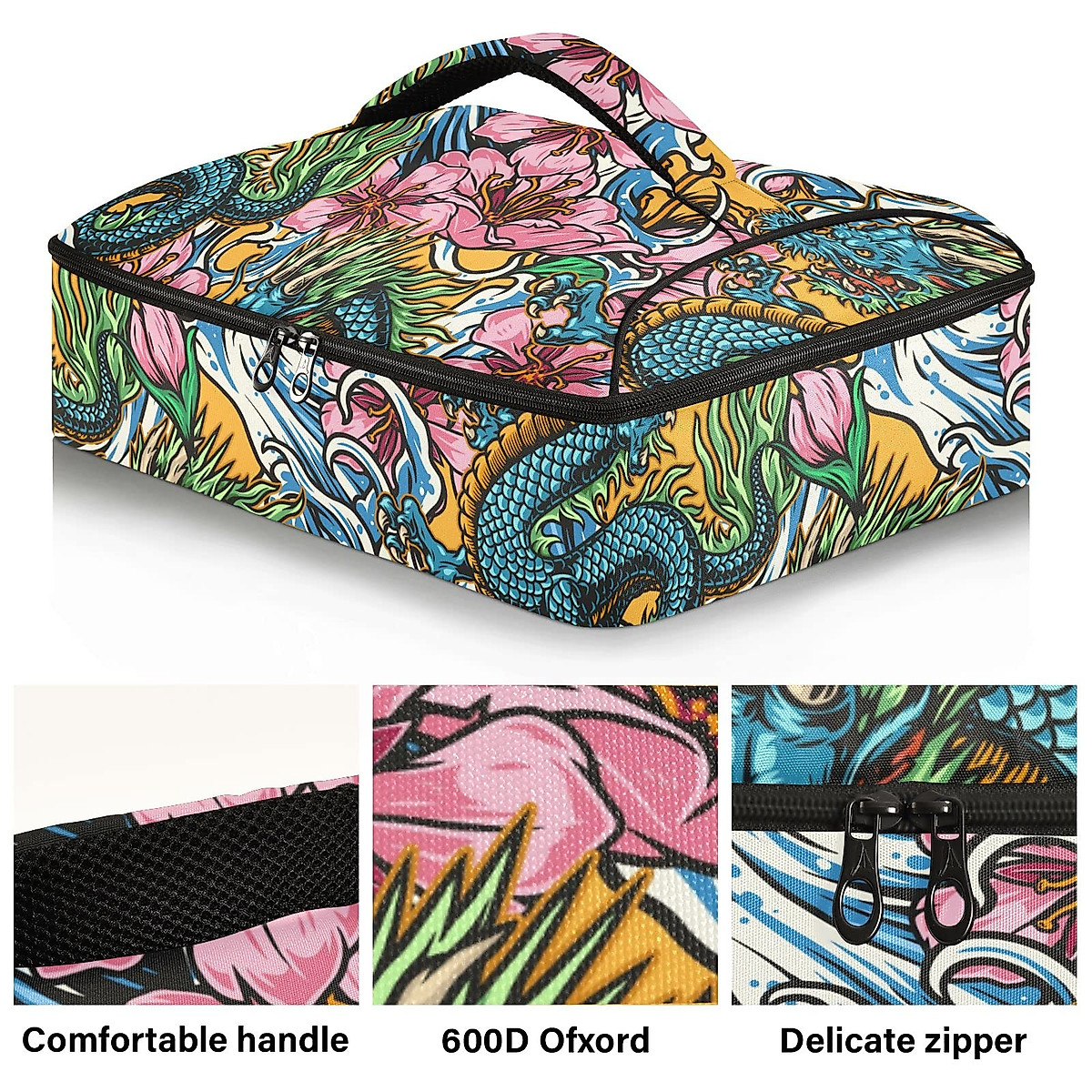 NFMILI Casserole Carrier for Hot and Cold Blue Japanese Dragon Print, Insulated Food Delivery Bag Reusable Warmer Carrier Bag with Inner Pocket Aesthetic Print 15.75×11.81×3.94 inch