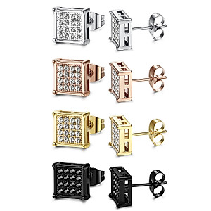 FIBO STEEL 4 Pairs Stainless Steel Stud Earrings for Men Women Square CZ Earrings,8MM