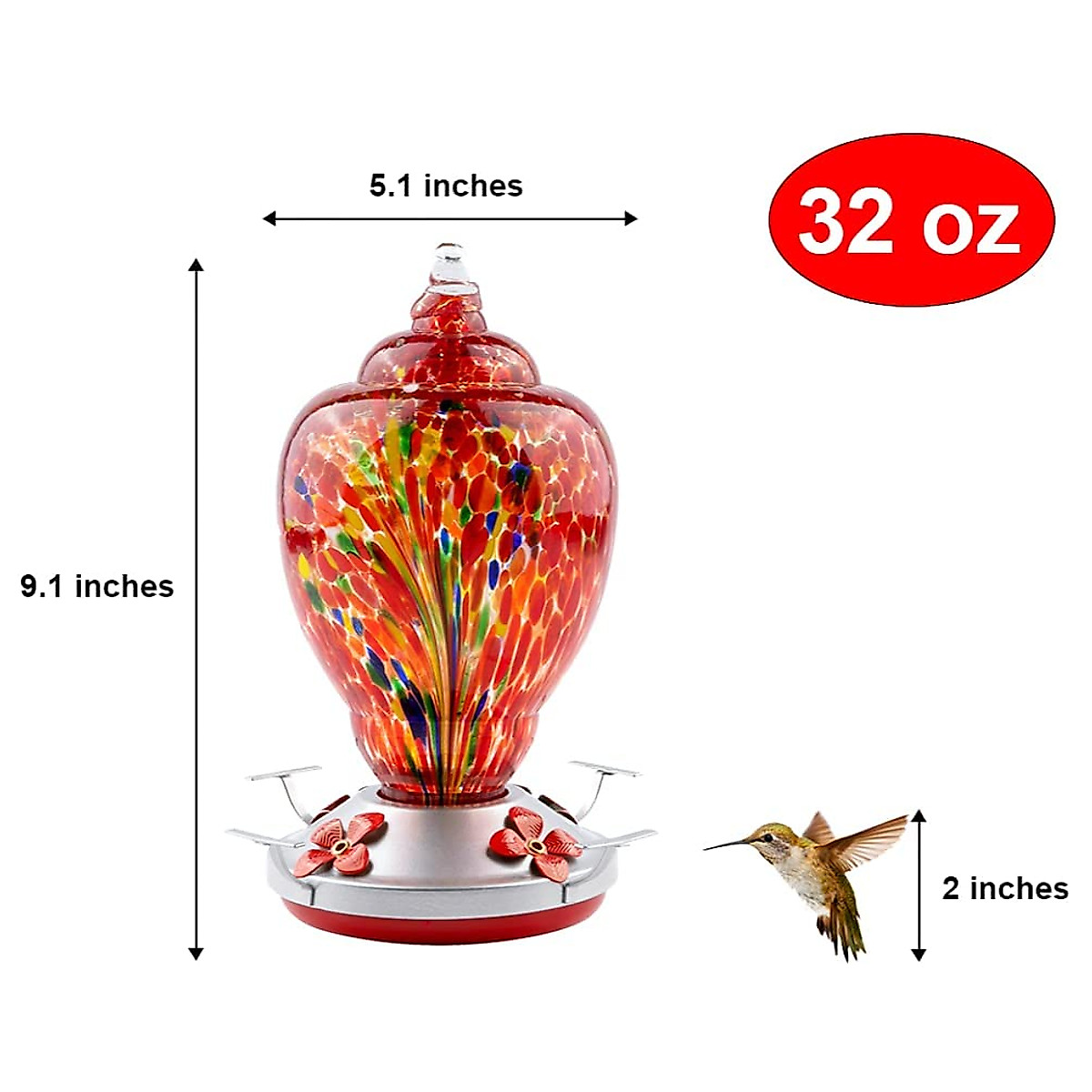 WOSIBO Hummingbird Feeder for Outdoors Patio Large 32 Ounces Colorful Hand Blown Glass Hummingbird Feeder with Ant Moat Hanging Hook, Rope, Brush and Service Card (RED-Firework)