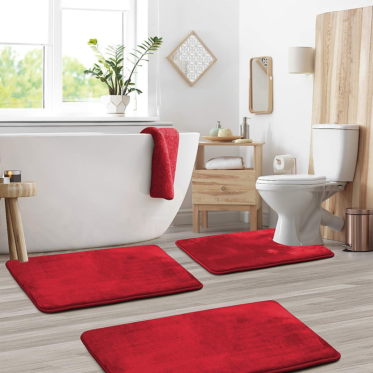 Clara Clark Memory Foam Bath Mat Set Non Slip Absorbent Velvet - Fast Drying Bath Mats Bathroom Rug and Contour Rug Set 3 Piece - 20 x 32-17 x 24-19 x 24, Red