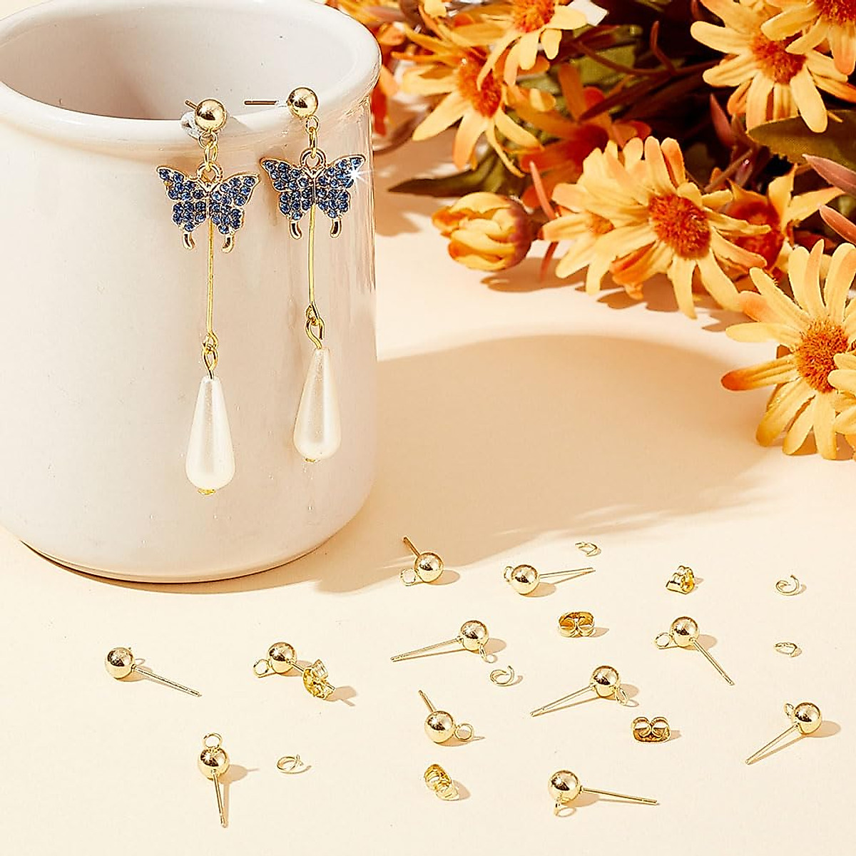 UNICRAFTALE 30pcs Gold Ball Post Stud Earrings Stainless Steel Stud Earring Post with Loop Ear Nut Metal Earring Post Findings with Ear Nuts for DIY Dangle Jewelry Making Findings