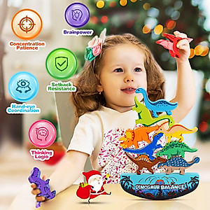 IPOURUP Dinosaur Toys for Kids 3-5: Wooden Stacking Montessori Toys for 3 4 5 6 7 Year Old Balance Competition Game for Family Ideal Easter Birthday Gifts for Kids Ages 3-7 (Double Version)