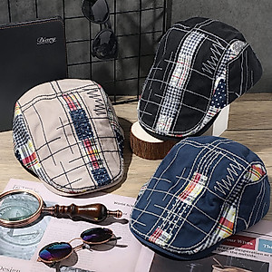 Geyoga 3 Pack Men Beret Hat Patchwork Newsboy Hats Adjustable Cabbie Hats for Men Cotton Flat Cap for Driving Hunting Fishing Outdoor Activities
