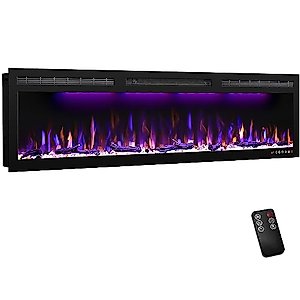 Mystflame 60 inch Electric Fireplace, Recessed and Wall Mounted Slim Electric Fireplace, 750/1500 Watt Heater Fireplace, Log & Crystal Hearth, Adjustable Realistic Flame, Remote Control & Touch Screen