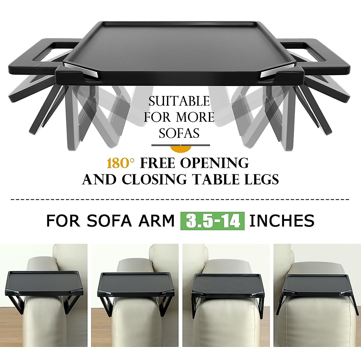 Smatdecis Couch Arm Tray Table Sofa Arm Clip Table,Armrest Tray Table Suitable for Home Drinks/Fast Food/Fruit Etc, Large Size Multi-Function Table Couch Arm Table Black(Dual Phone/Tablet Stand)