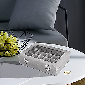 CBCYBER Jewelry Box 24 Grid Velvet Jewelry Tray for Drawers Glass Clear Lid Showcase Display Storage Ring Trays Holder Earrings Organizer Case(Grey)