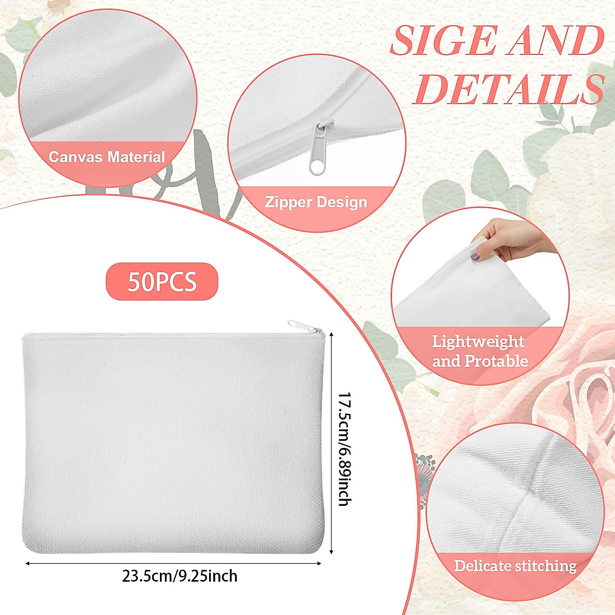 Frienda 50 Pieces Sublimation Blank Canvas Makeup Bags Bulk Blank DIY Heat Transfer Cosmetic Makeup Bags Canvas Pen Case Pencil Bags Clear Sublimation Blank Pouch with Zipper (White,9 x 6.89 Inch)