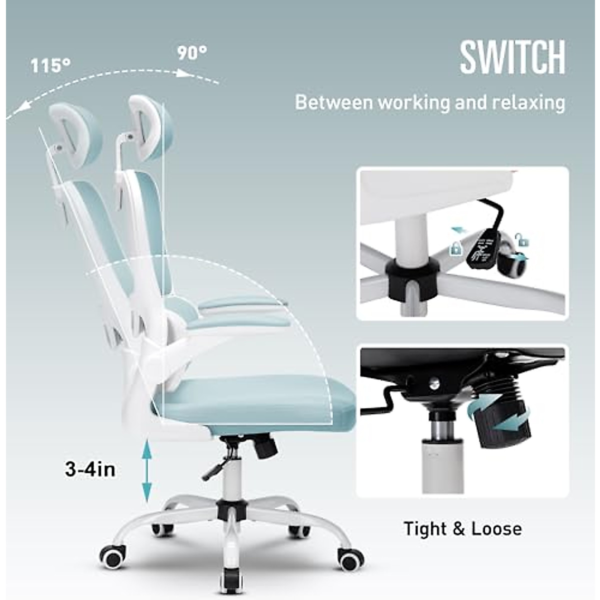 SOMEET Office Chair, Ergonomic Mesh Office Chair with Adjustable Headrest and Arms, High Back Ergonomic Desk Chair with Lumbar Support, Comfortable Home Office Desk Chairs with Tilt Lock (Blue)