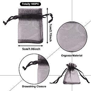 Pandahall 100pcs Black Organza Bags Mini Pouch Bags Drawstring Gift Bags Jewelry Package with Ribbons (1.96x2.75")(5x7cm)