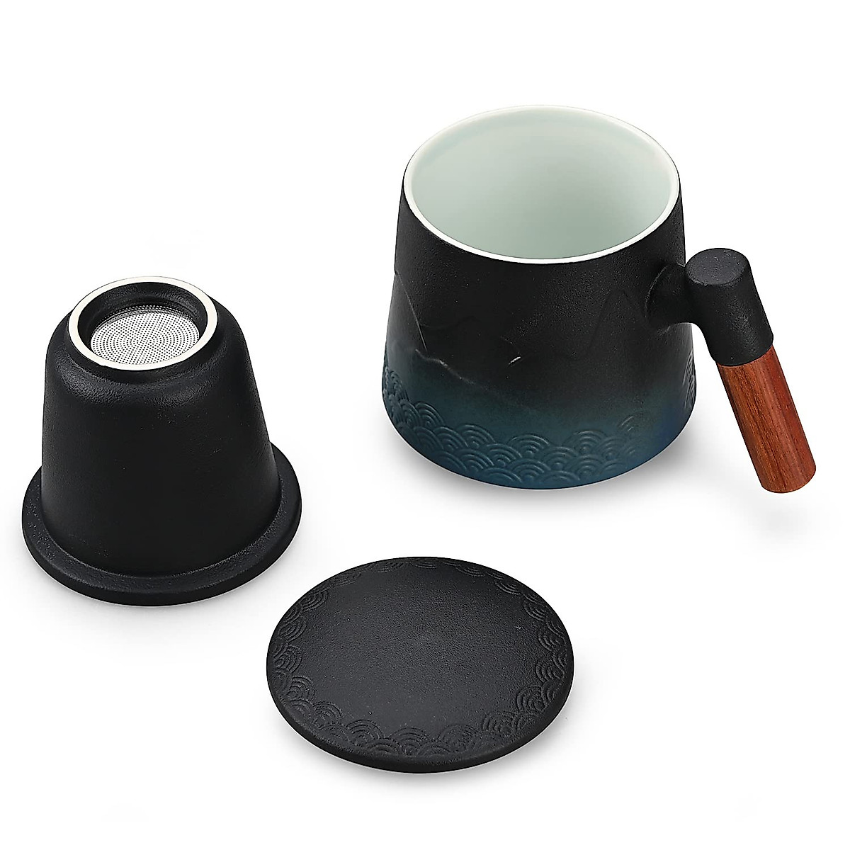 NCQIXIAO Tea Cup with Infuser and Lid, Gradual Mountain and Spray Tea Mug Cups with Infuser, Wood Handle Ceramic Coffee Mug with Lid Tea 430ml/14.50 OZ (Gradient Blue)
