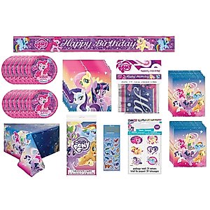 My Little Pony Birthday Party Supplies Favor Deluxe Bundle Pack Serves 16 includes 16 Plates, 16 Napkins, 1 Table Cover, 1 Banner, 16 Loot Bags, 24 Tattoos, 1 Dinosaur Sticker Sheet