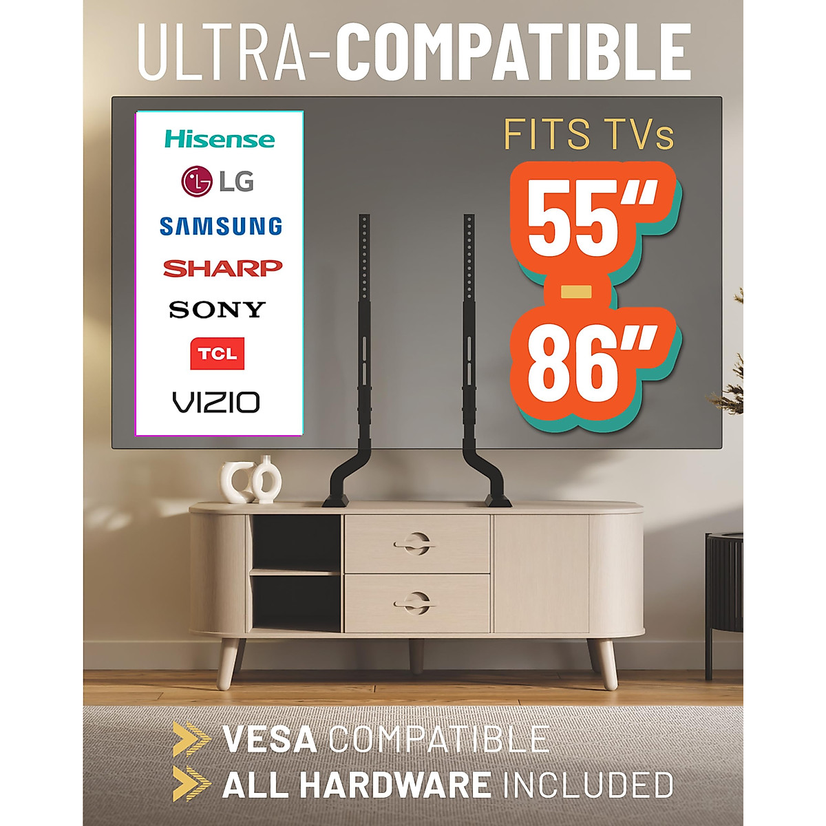 ECHOGEAR Premium Replacement TV Stand for 55"-86" Screens - Angled Feet Give Universal TV Stand Stability for QLED & OLED TVs -Easy 3-Step Install Comes w/Soundbar Isolation & Anti-Slip/Scratch Pads