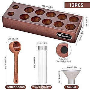YMWVH Coffee Bean Storage Glass Tubes Single Dose, 12PCS Coffee Bean Cellar Container Vials With Lids (2 Oz) Wooden Display Stand And Funnel Coffee spoon