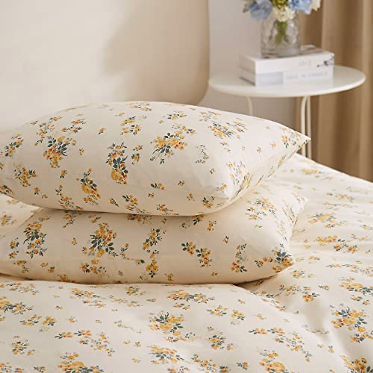 EAVD Yellow Botanical Floral Duvet Cover Queen Soft Cotton Reversible Floral Bedding Sets Full Aesthetic 1 Botanical Duvet Cover with 2 Pillowcases Chic Garden Flower Bedding Sets for Girls Women