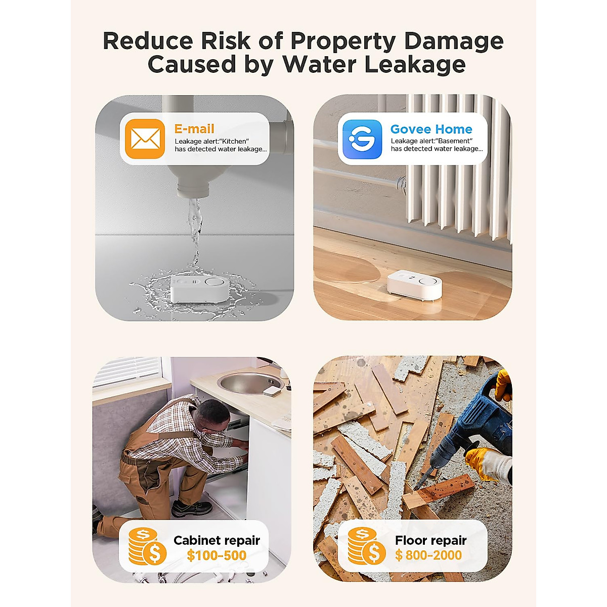 Govee WiFi Water Sensor 3 Pack, Water Leak Detector 100dB Adjustable Alarm and App Alerts, Leak and Drip Alert with Email, Wireless Detector for Home, Basement(Not Support 5G WiFi)